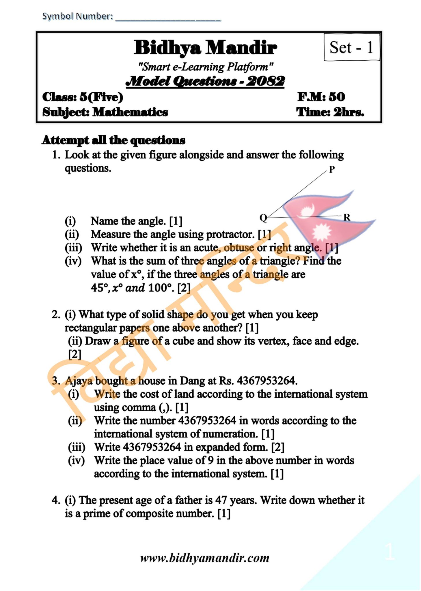 Class 5 Maths Model Question 2082 with answers || Set 1 - Bidhya Mandir