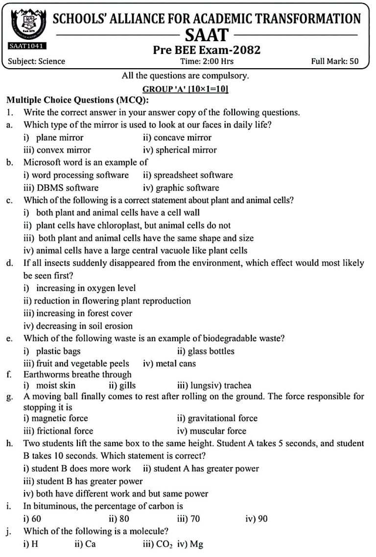 Pre-BLE Exam 2082 Question Papers by SAAT | All Subjects PDF - Bidhya ...